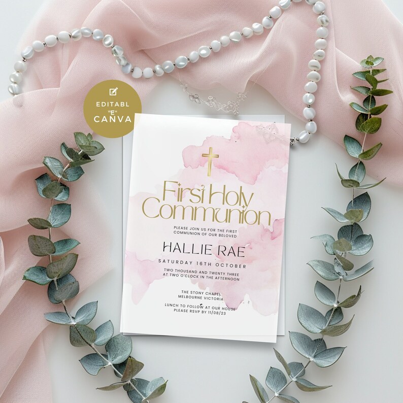 Girls First Holy Communion Invitation, Pink Watercolor Invite With ...