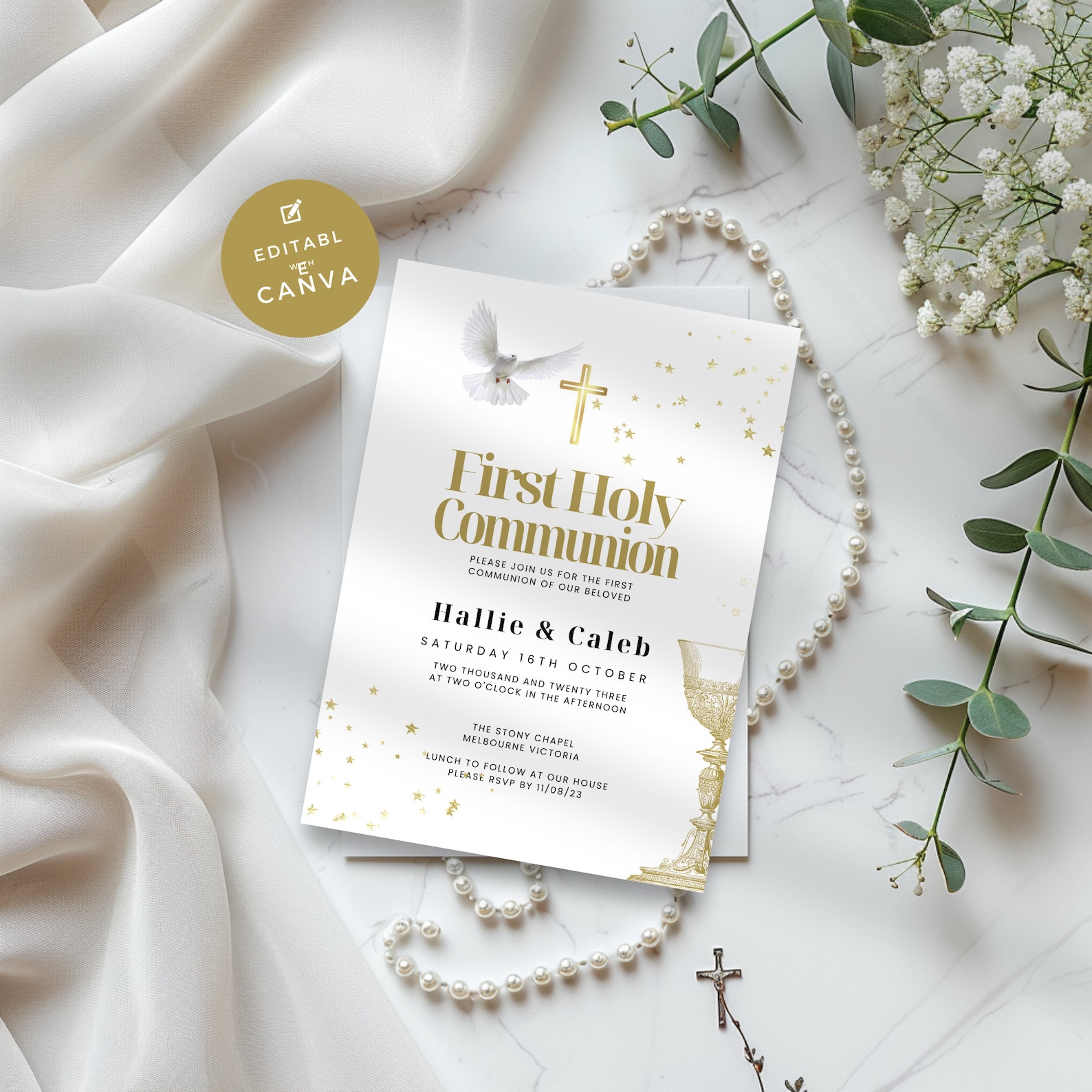 Editable Holy Communion Invitation Card Template for Girl or Boy, White ...