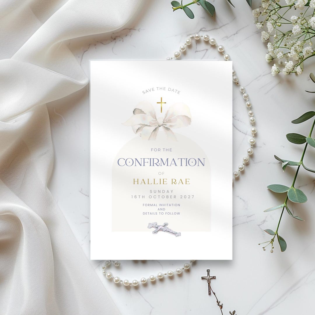 Confirmation Save the Date Invitation, Modern Ivory & Cream Bow ...