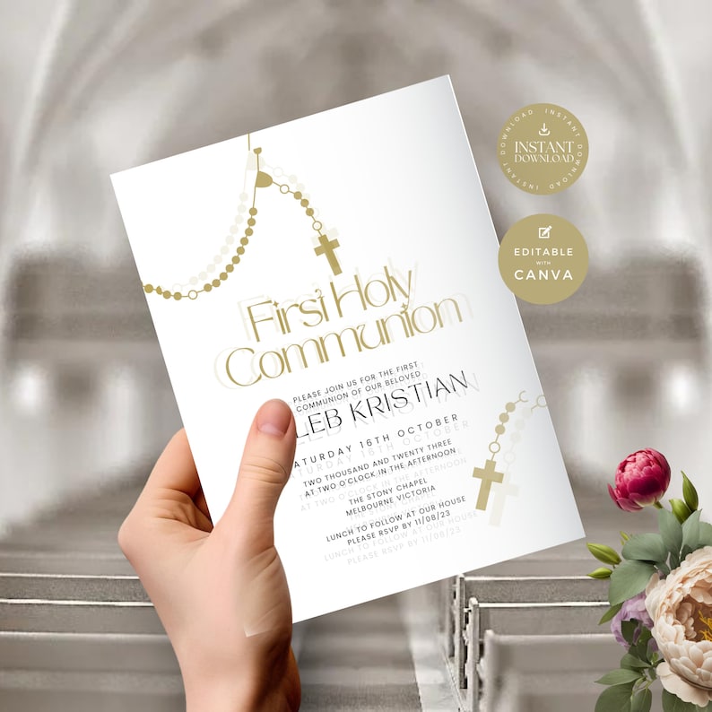 First Holy Communion Invitation With Rosary, 1st Communion Invite for ...