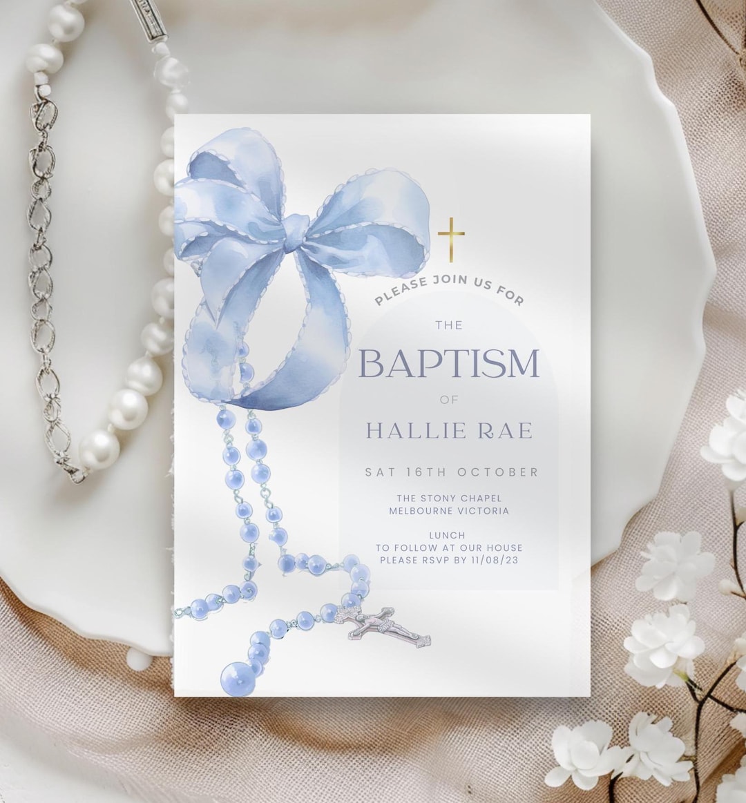 Blue Bow Baptism Invitation for Boy, Modern Croquette Bow & Beads ...