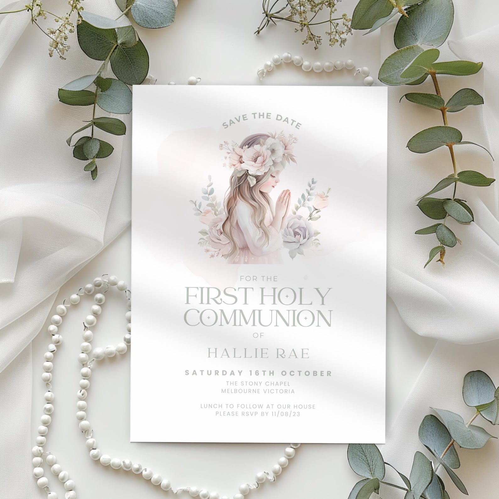 Girls First Holy Communion Save the Date Invitation, 1st Communion ...