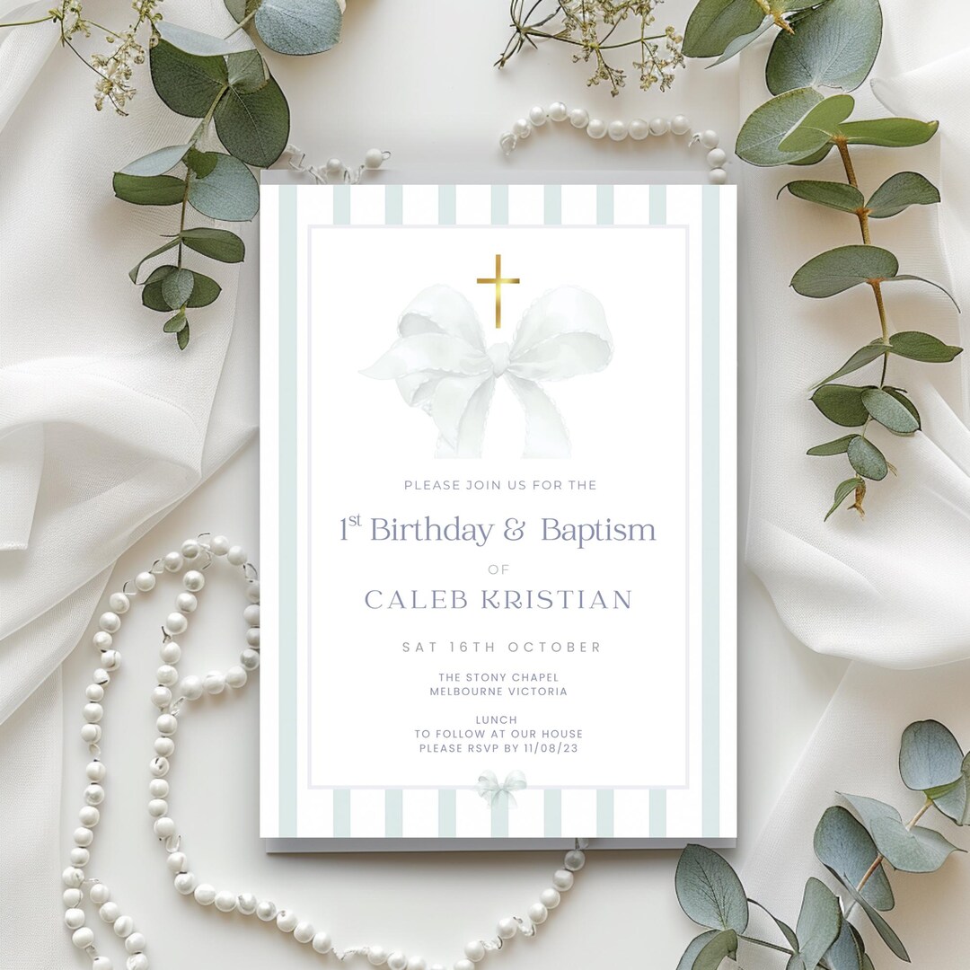 Baptism and 1st Birthday Invitation, Sage Green Christening Invite With ...