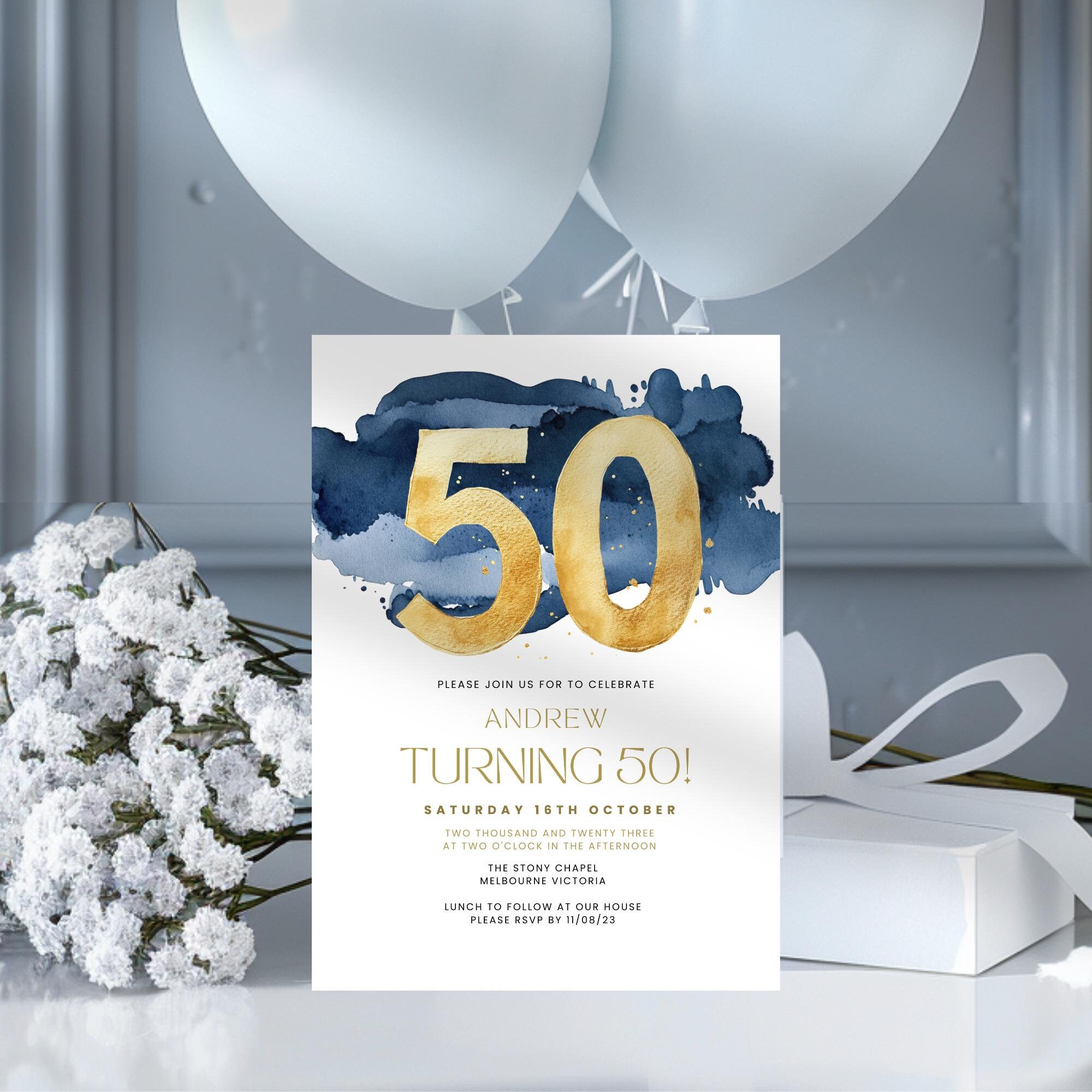 50th Birthday Invite for Men Navy and Gold Watercolor, Mans 50 Years ...
