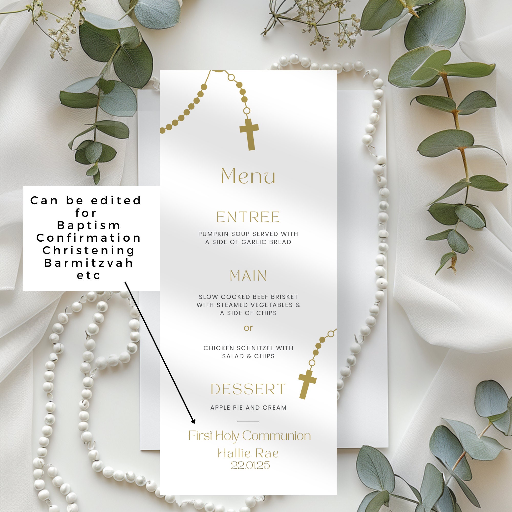 Menu for First Communion, White and Gold Rosary, Baptism or Christening ...
