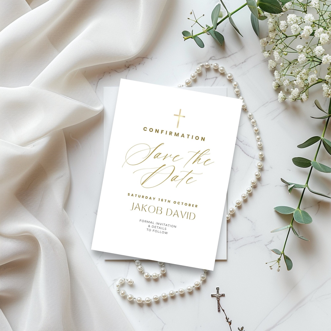 Confirmation Save the Date Invitation Gold, for Boy or Girl Digital ...