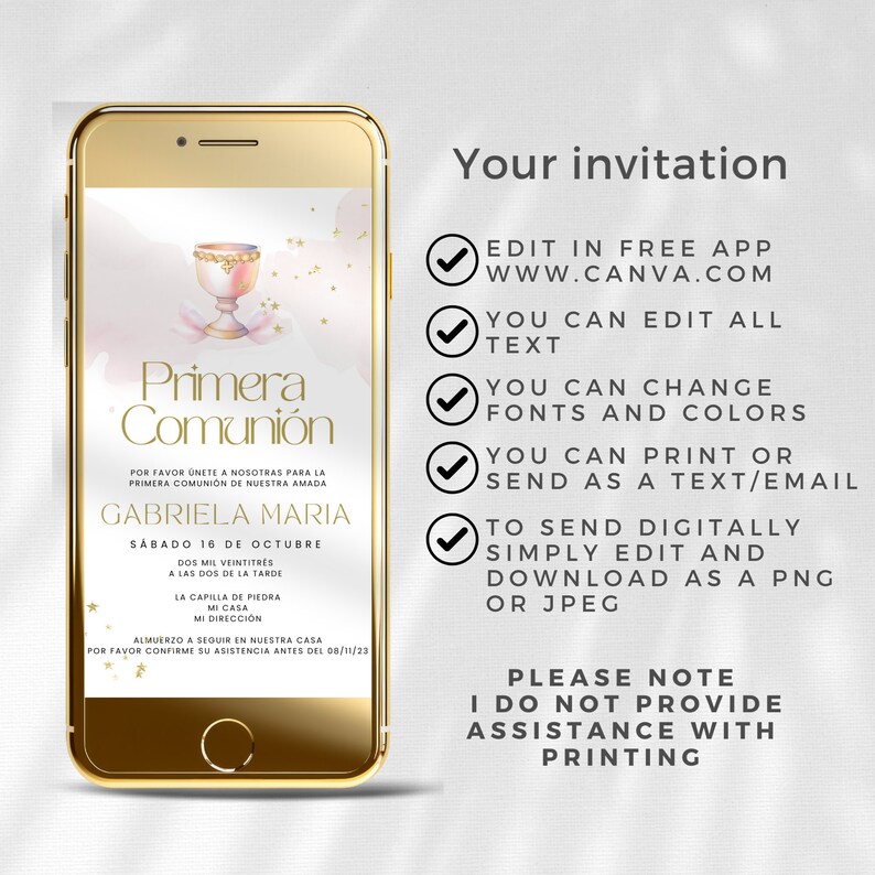 First Holy Communion Invitation Spanish, Girls Pink Primera Comunion ...