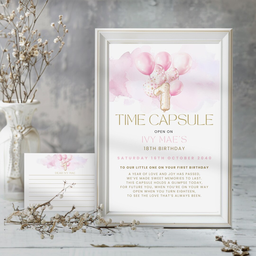One Year Old Time Capsule Sign, 1st Birthday Wishes, Baby Girl Keepsake ...