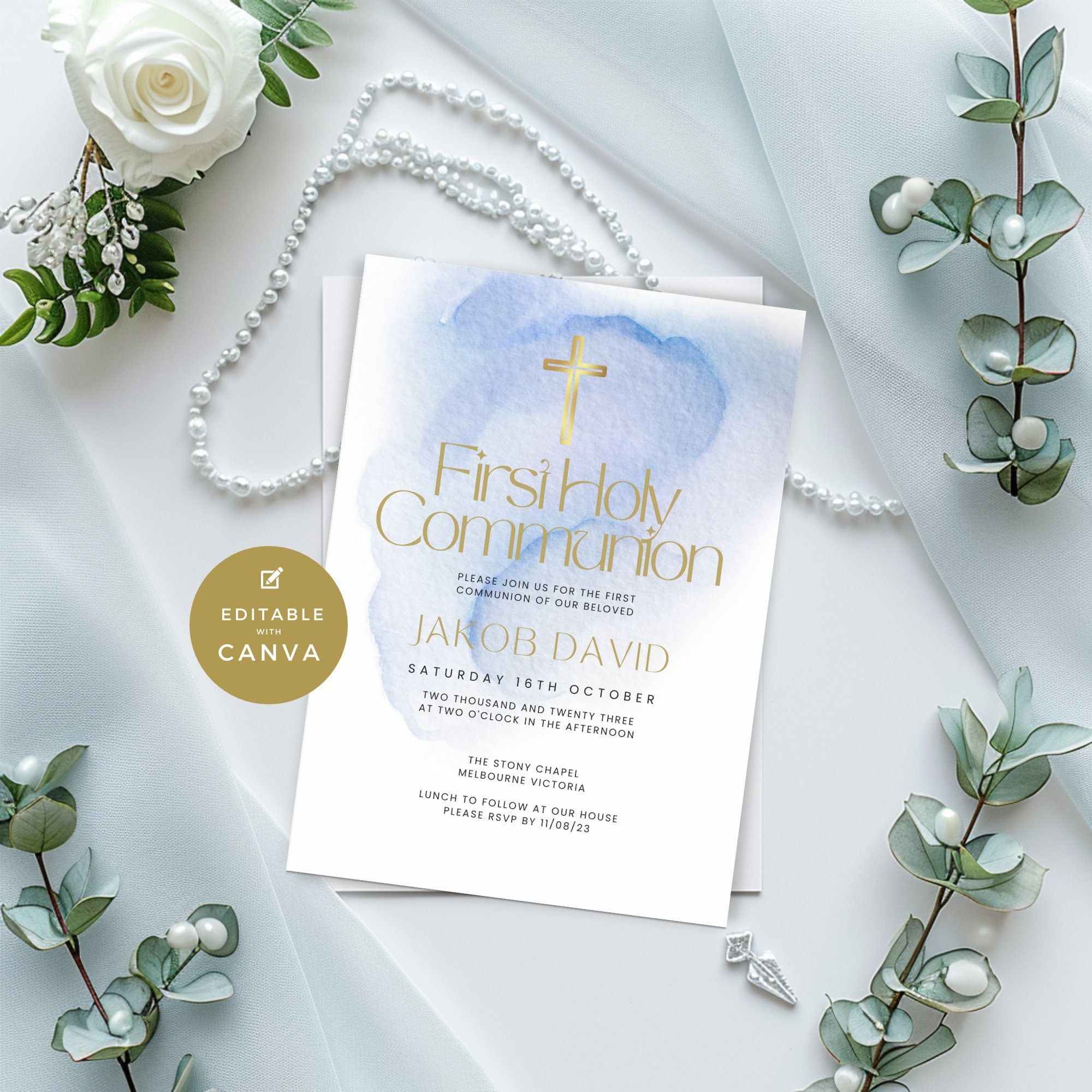 First Holy Communion Invite Boys, Simple 1st Communion Invitation Blue ...