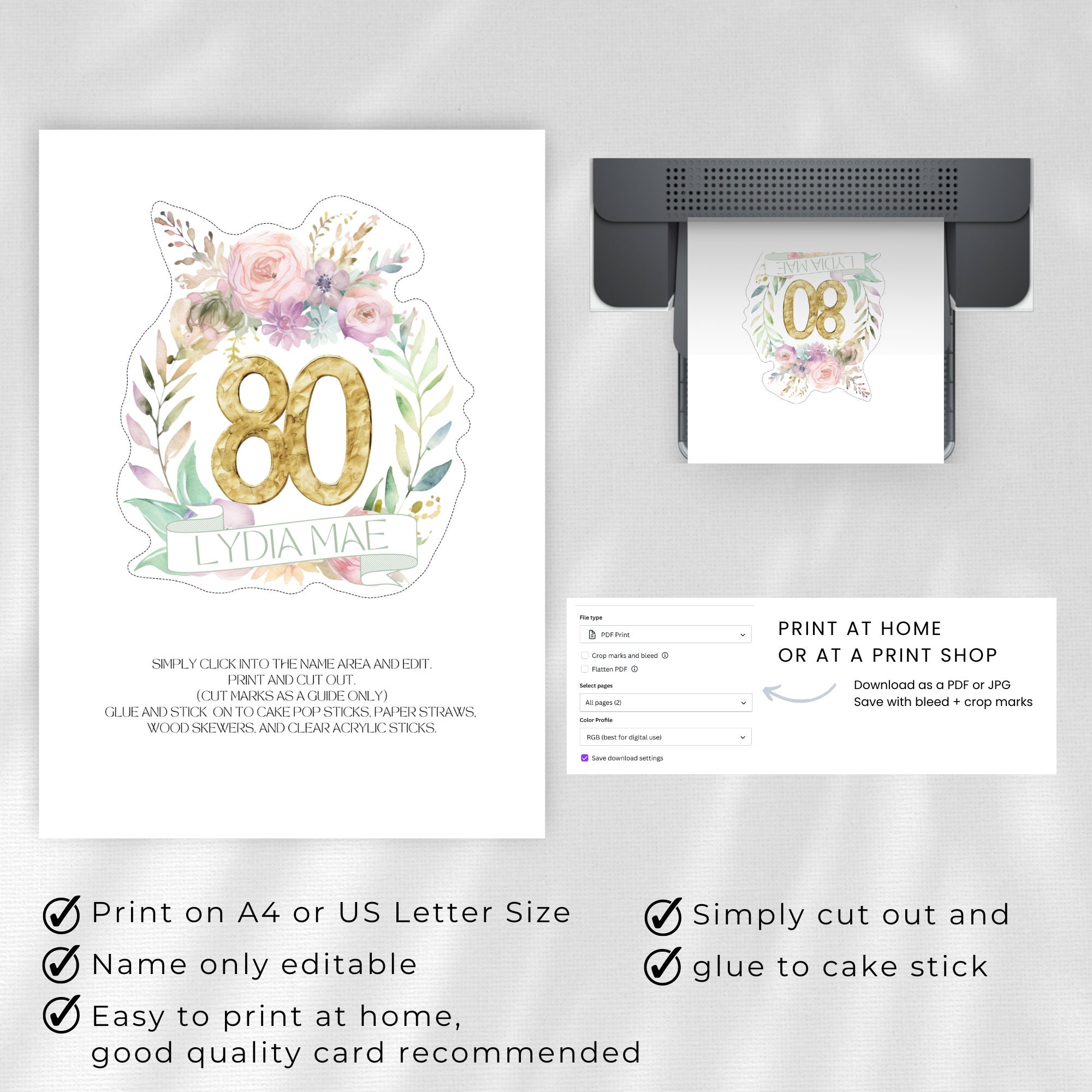 Happy 80th Birthday Cake Topper, Printable, Editable, Personalized, 80 ...
