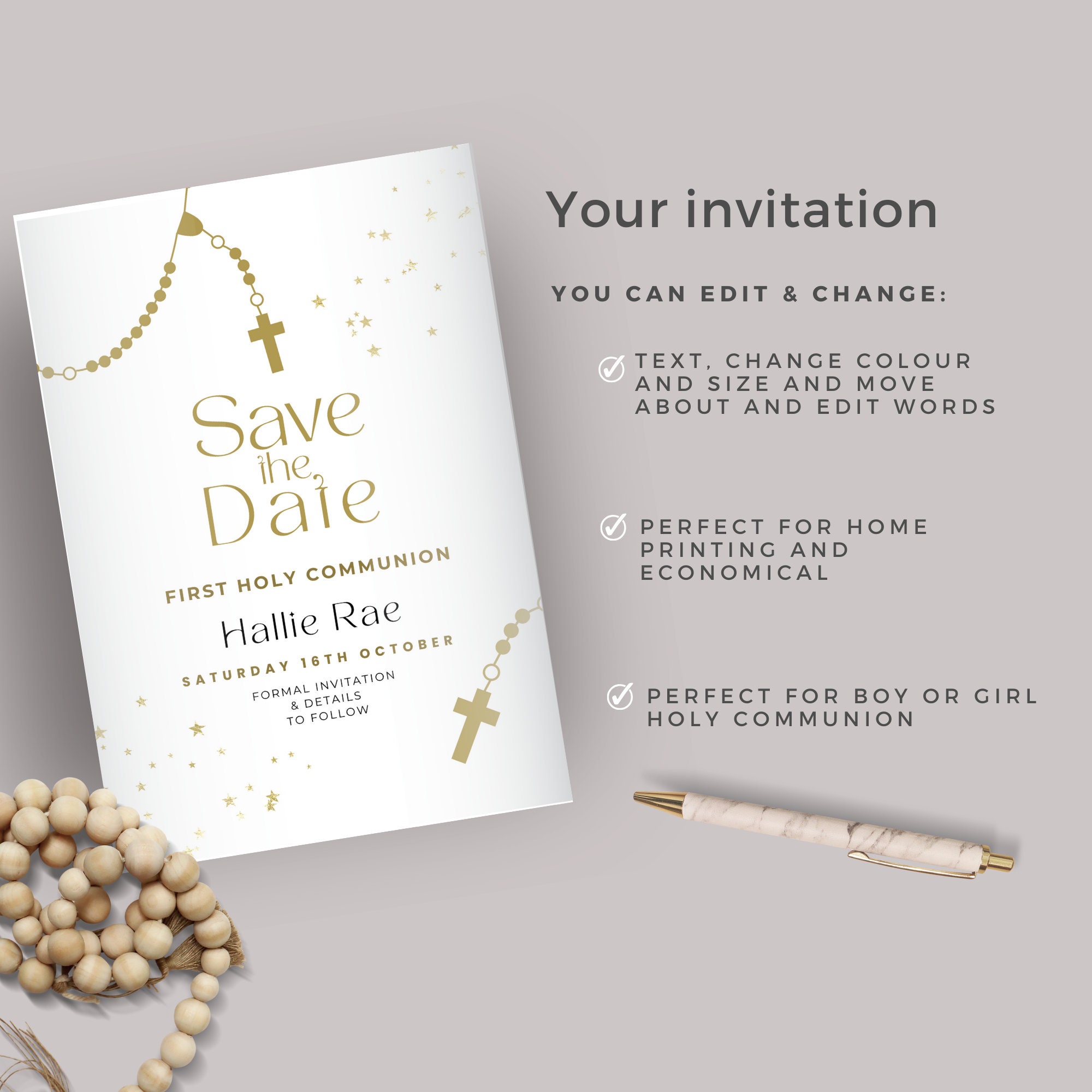 Save the Date First Holy Communion Invitation, Girl or Boy Rosary ...
