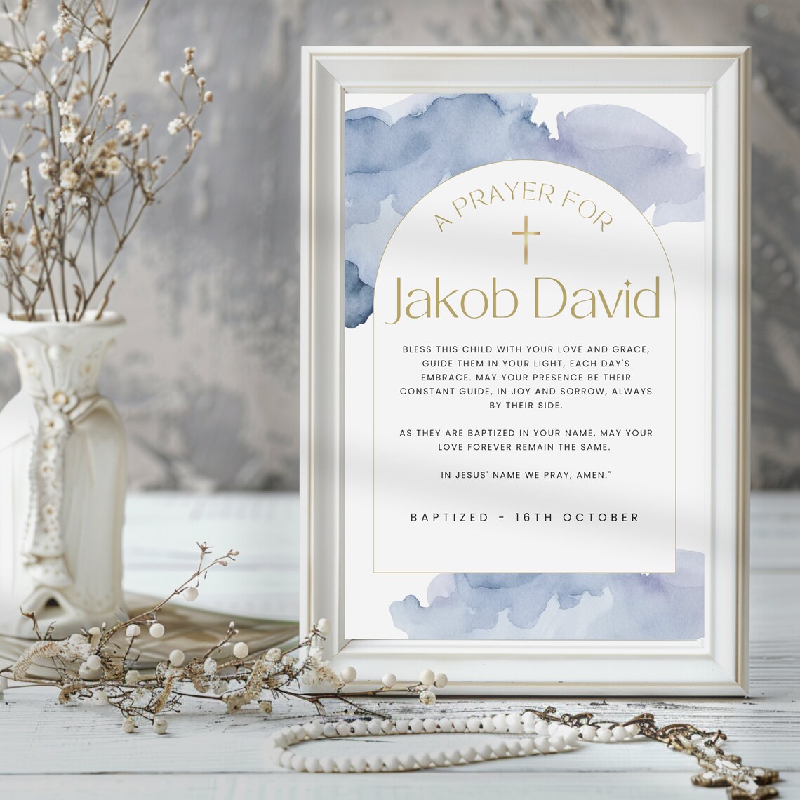 Baptism Prayer Sign, Navy Watercolor Decor Sign for Boy, Christening ...