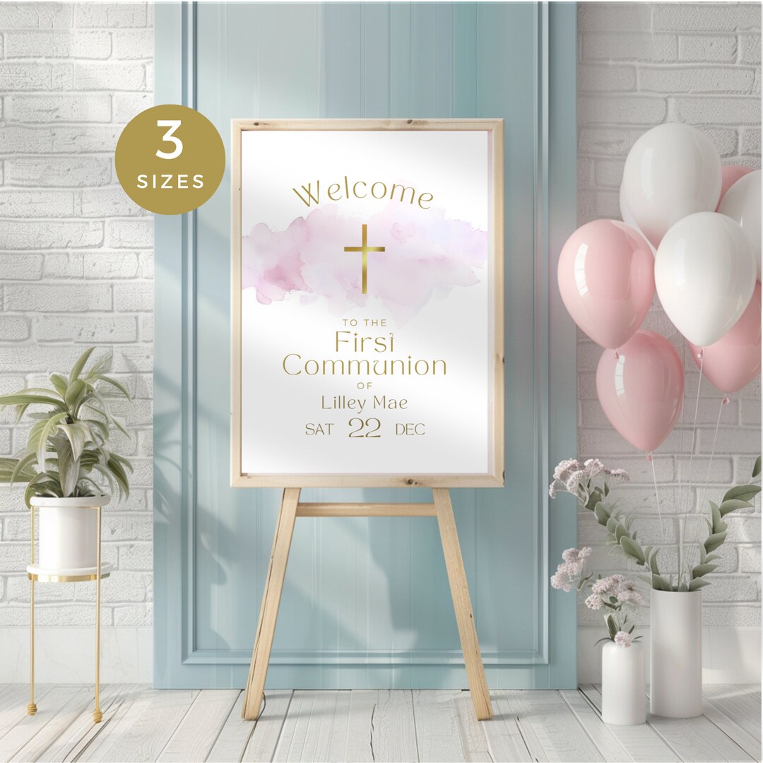 Pink First Holy Communion Welcome Sign, Watercolor 1st Communion Party ...