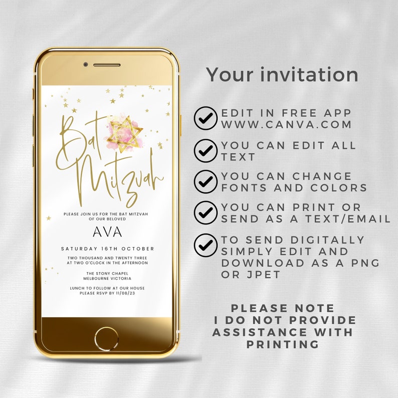 Bat Mitzvah Invitation Template, Star of David, Jewish Digital Party ...