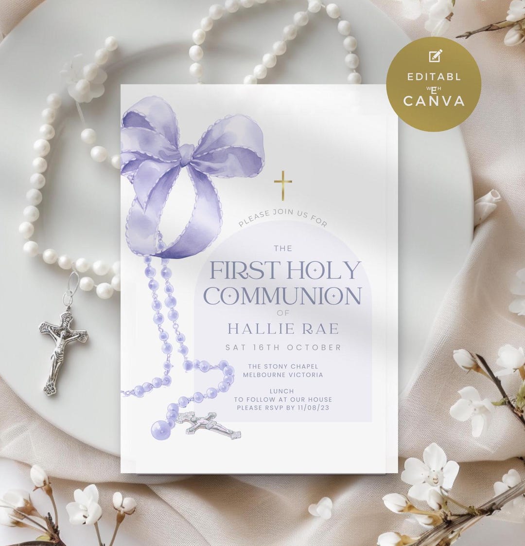 First Holy Communion Purple Bow Invitation, 1st Communion Invite for ...