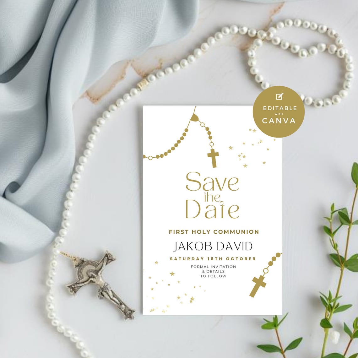 Save the Date First Holy Communion Invitation, Girl or Boy Rosary ...