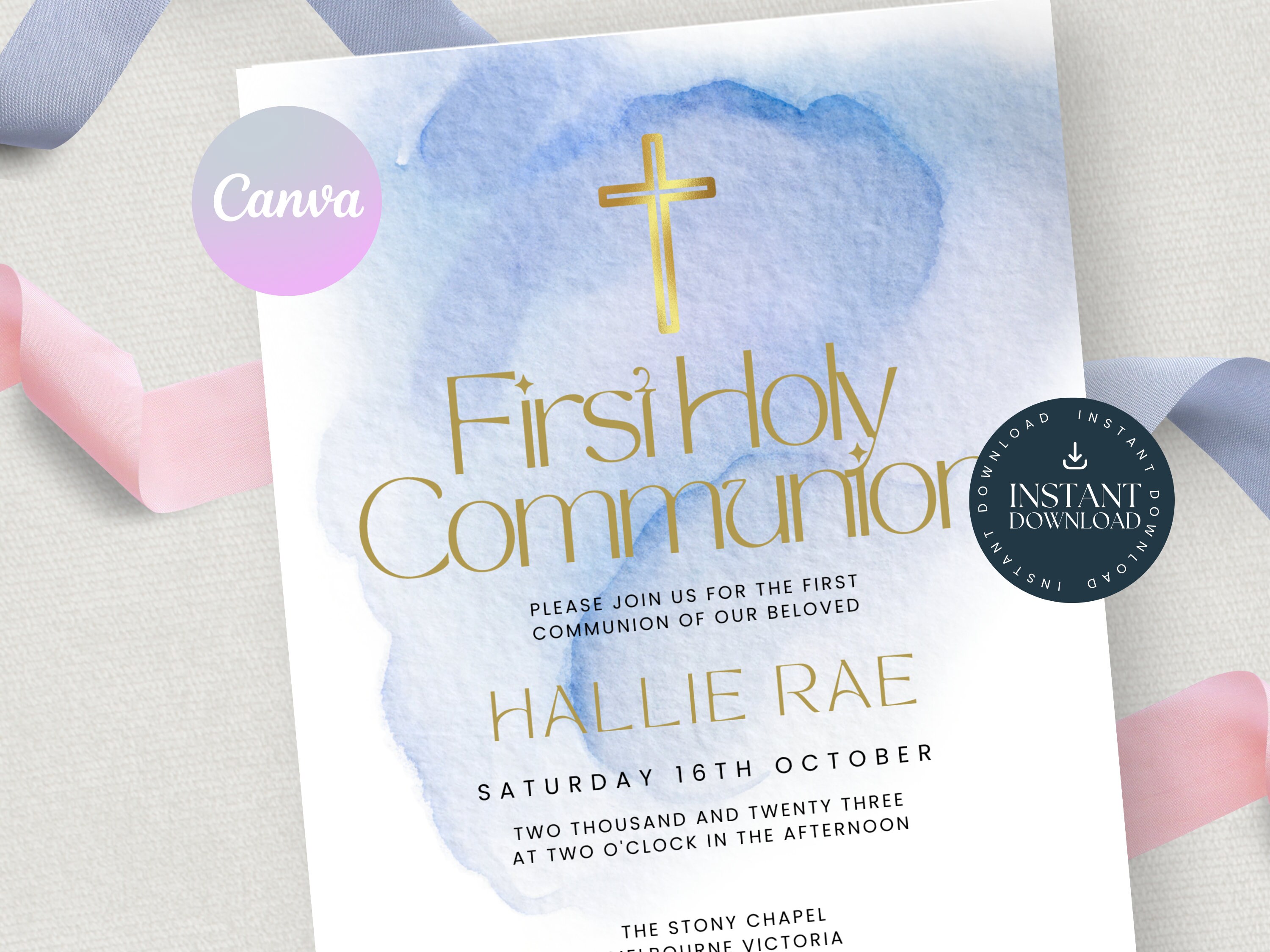 First Holy Communion Invite Boys, Simple 1st Communion Invitation Blue ...