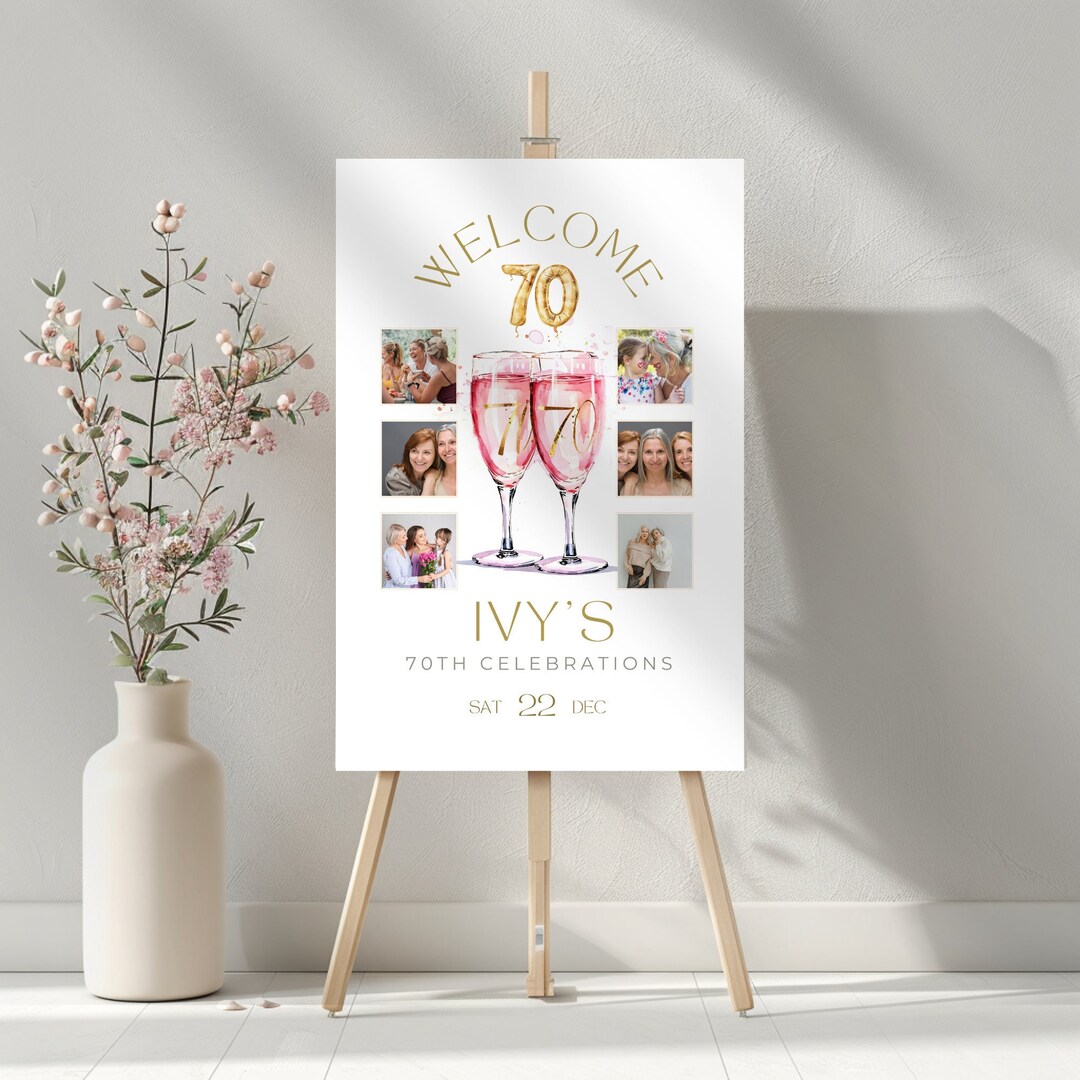 70th Birthday Sign With Pictures, Personalized Photo 70 Welcome Signage ...