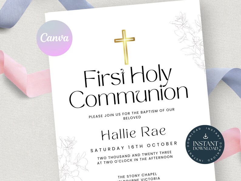 Editable First Holy Communion Invitation, for Boy or Girl, Minimal 1st ...