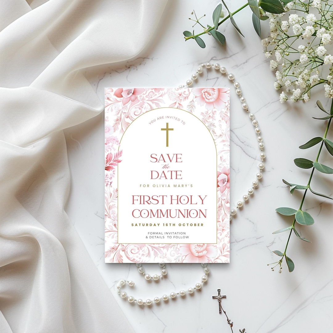 First Holy Communion Save the Date, Modern Pink Toile De Jouy Communion ...