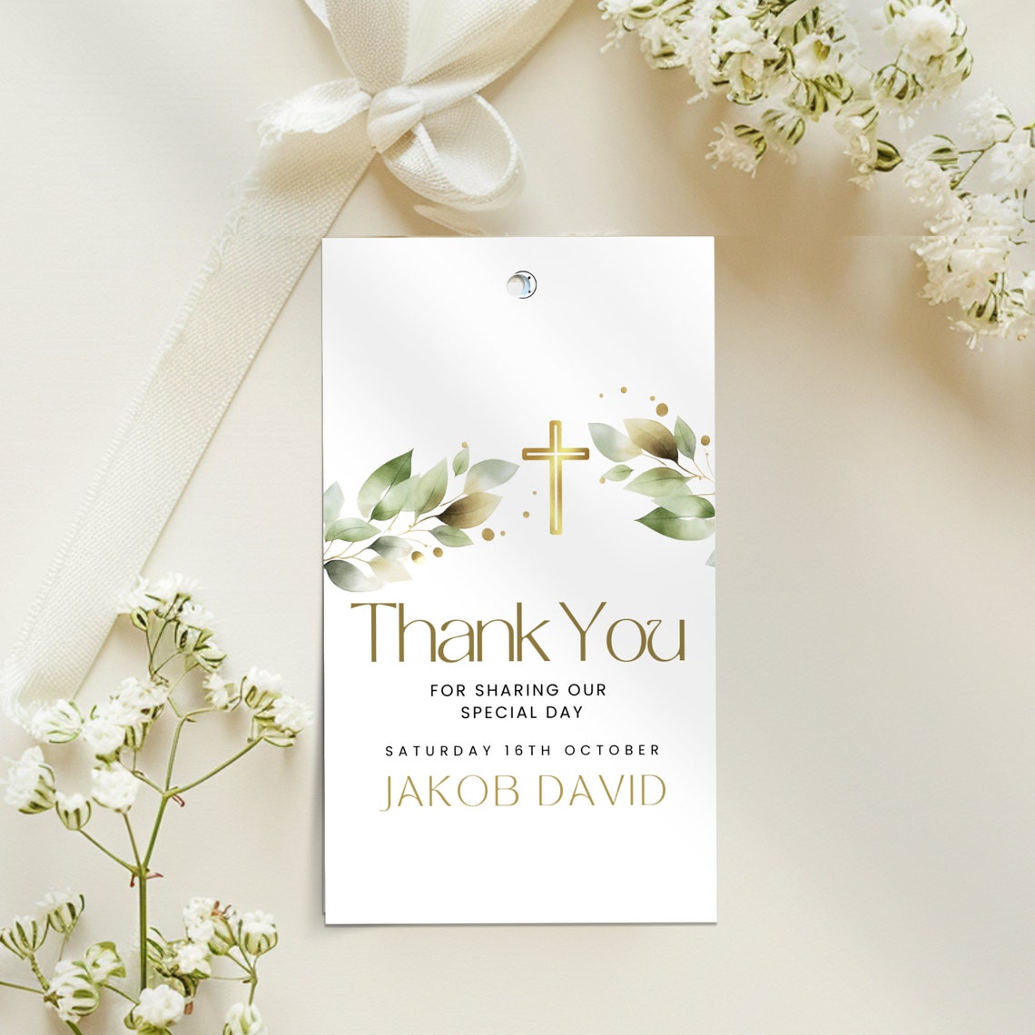 Baptism Favors Tags Greenery, Editable and Printable, Christening, Holy ...