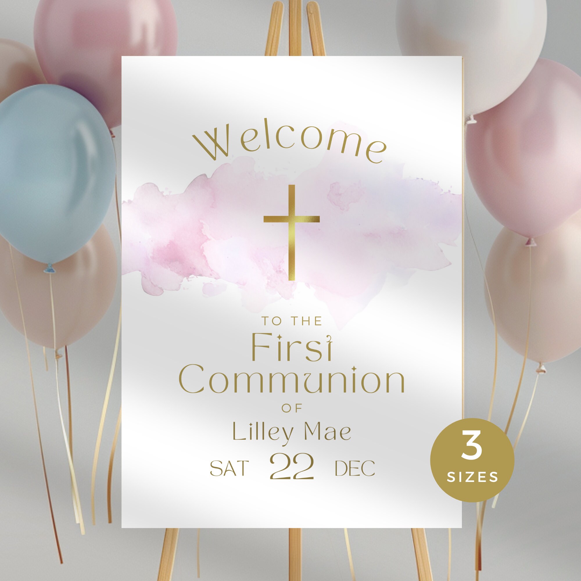 Pink First Holy Communion Welcome Sign, Watercolor 1st Communion Party ...