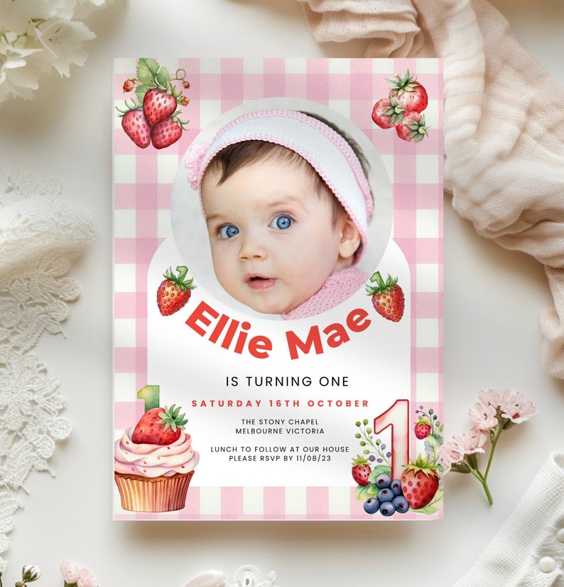 Berry First Birthday Invitation Photo, Berry Sweet Pink Gingham 1st ...