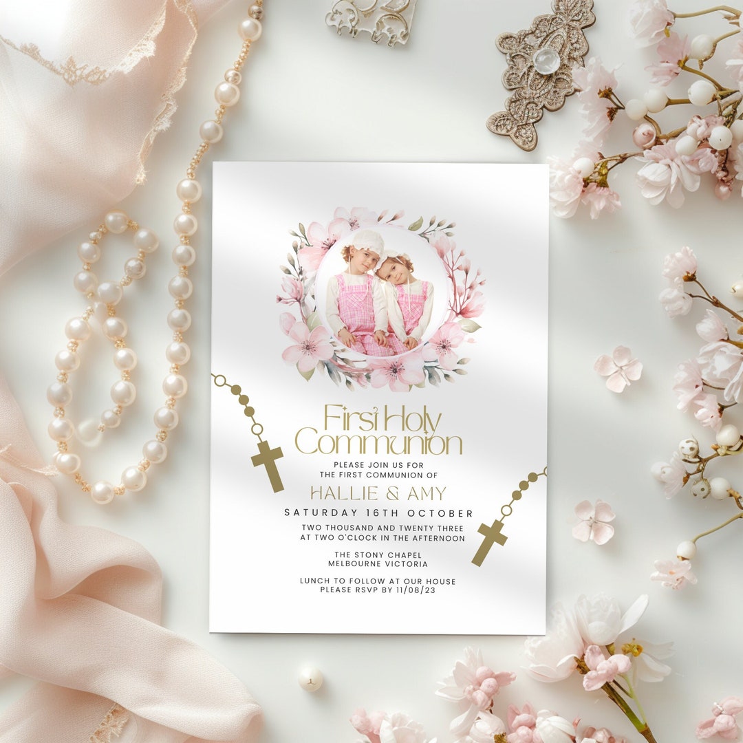 First Communion Invitation Twin Girls, 1st Communion Invite With Photo ...