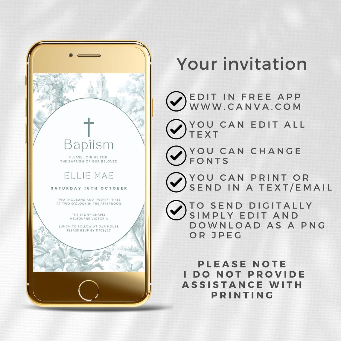 Baptism Invitation Sage Green, Toile De Jouy, Vintage Floral Greenery ...