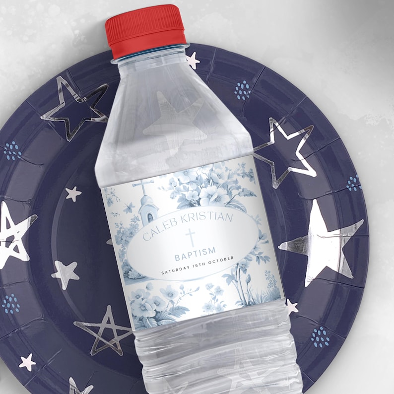 Water Bottle Label Template Baptism, Boys Blue Toile Christening Favor ...