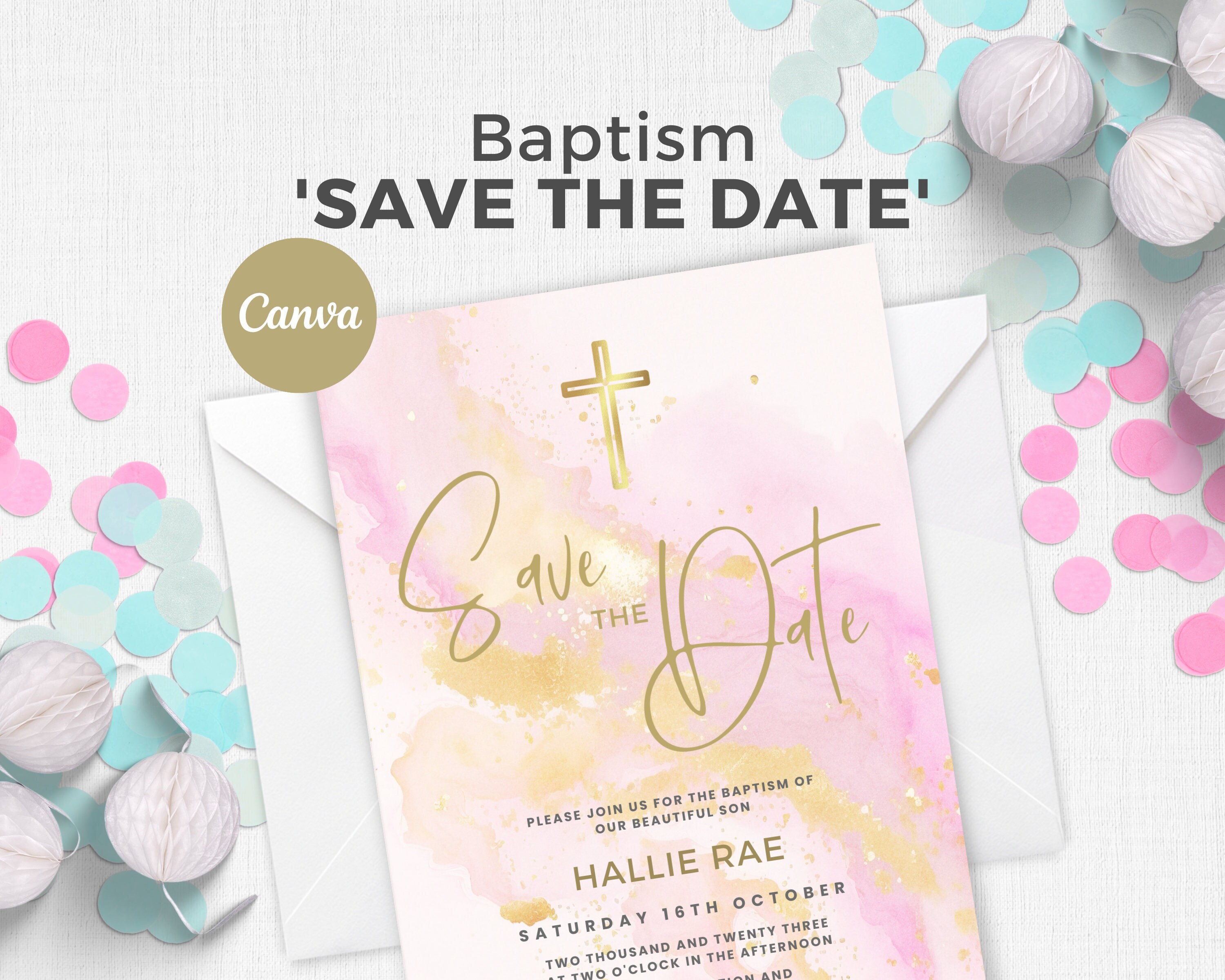 Save the Date Baptism Card, Minimalist, Modern, Pink and Gold ...