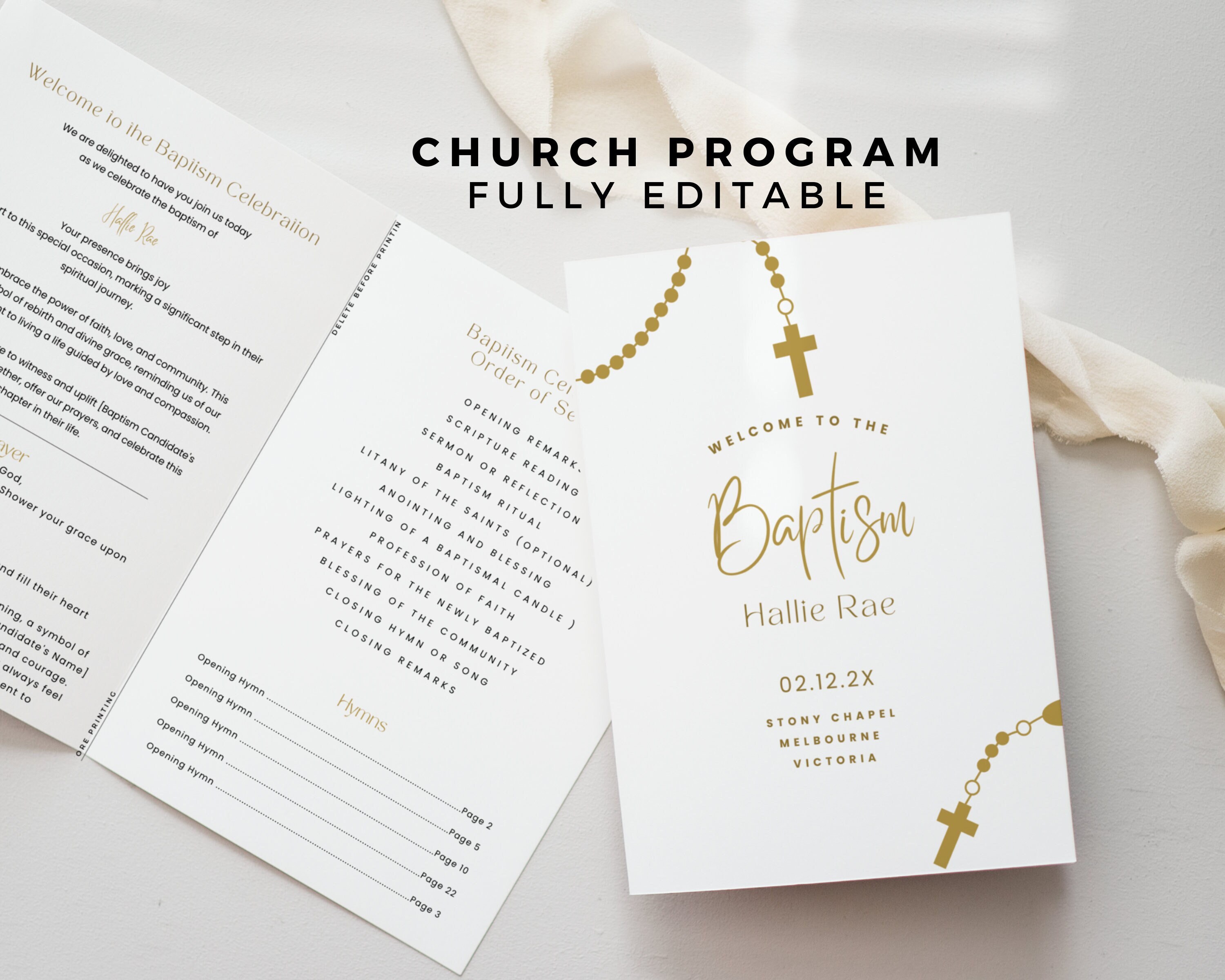 Church Program Baptism, Minimalistic, Christening Program With Gold ...