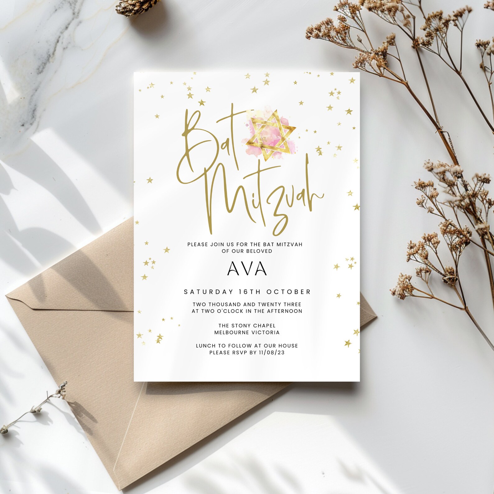 Bat Mitzvah Invitation Template, Star of David, Jewish Digital Party ...