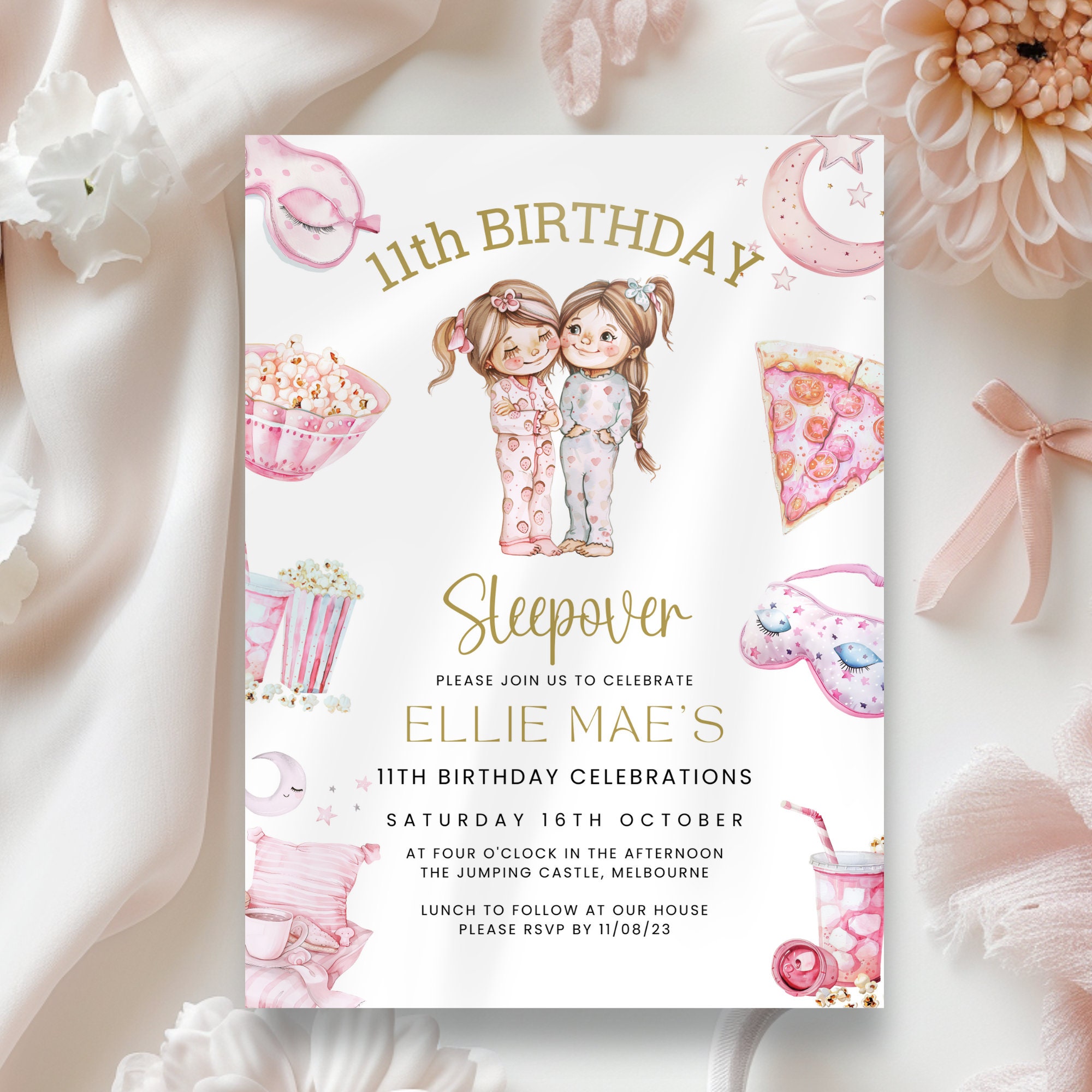 11th Birthday Sleepover Invitation, Eleventh Pajama Party Invite ...