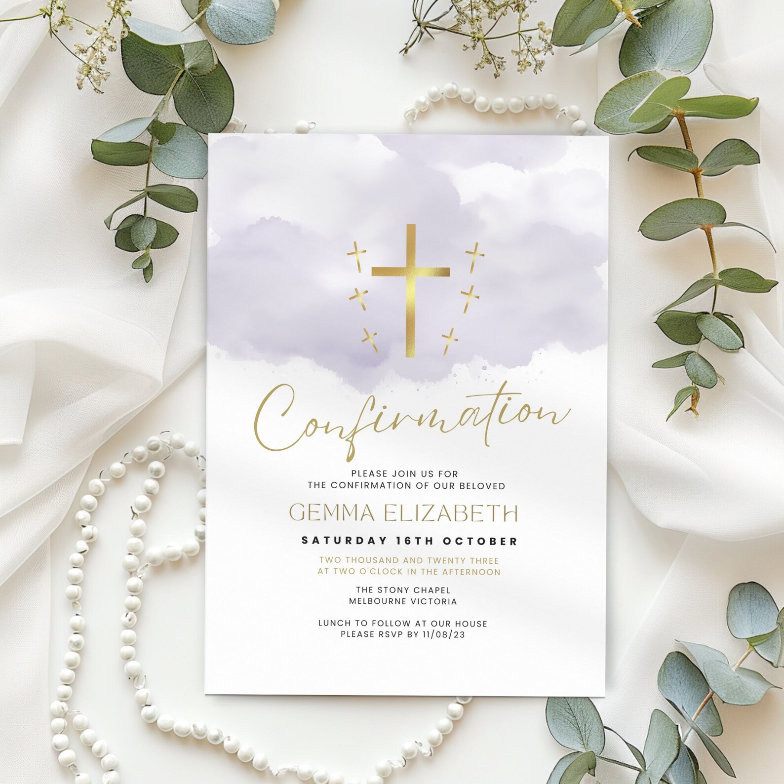 Catholic Confirmation Invitation Catholic, Purple Watercolor Invite for ...
