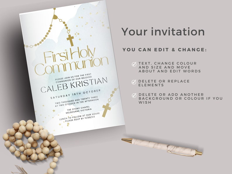 First Communion Invitation for Boys, 1st Invite With Rosary, Online ...
