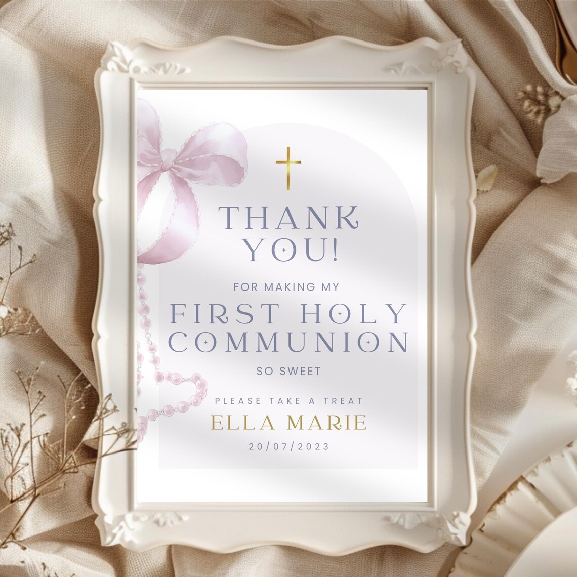 First Holy Communion Pink Bow Favor Sign, Thank You for Coming Signage ...