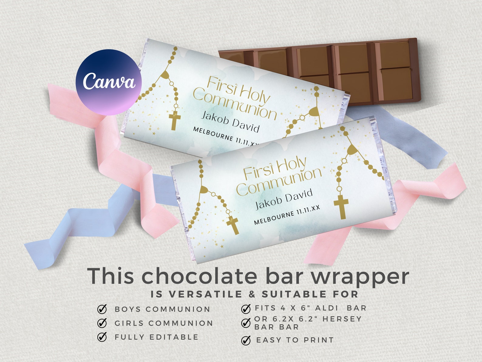 Blue First Holy Communion Candy Bar Wrapper Watercolor, Boy ...