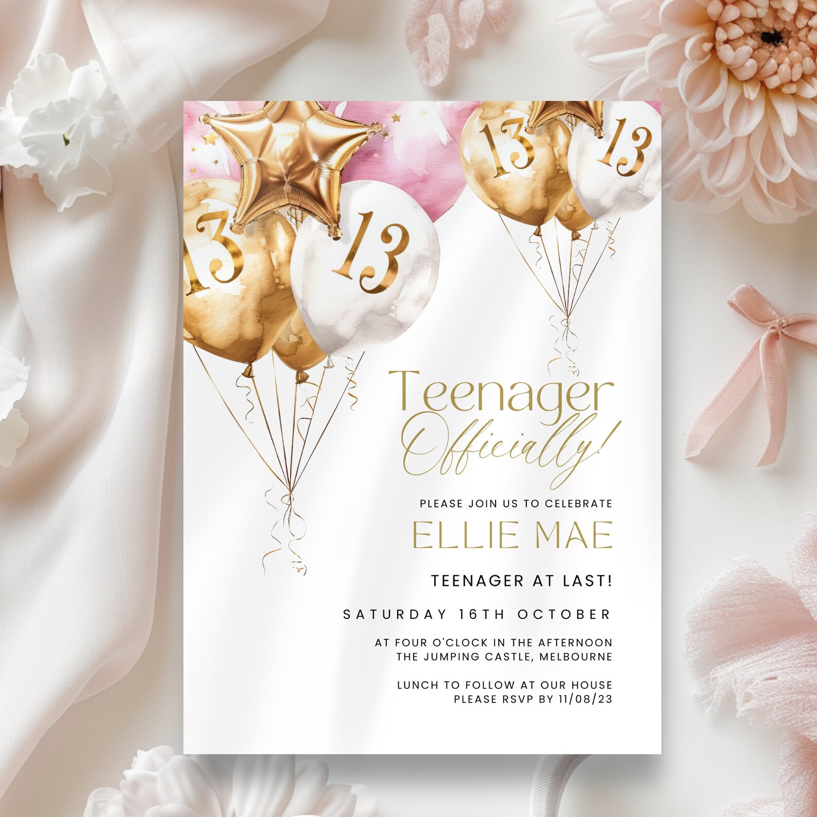13th Birthday Invitation Pink & Gold, Teenage Era, Tween to Teen Party ...