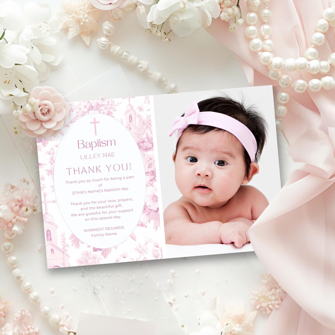 Baptism Thank You Card With Picture, Dusty Pink Toile De Jouy, Editable ...