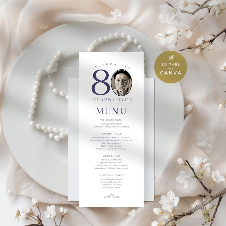 80th Dinner Party Menu With Photo, Personalized Birthday Menu, 80 Years ...