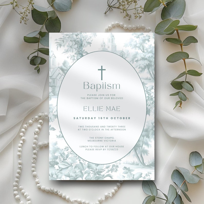 Baptism Invitation Sage Green, Toile De Jouy, Vintage Floral Greenery ...