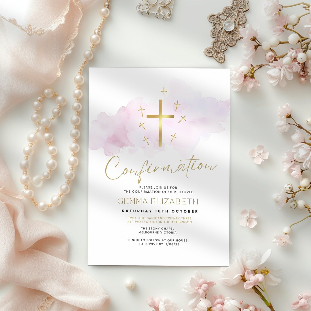 Catholic Confirmation Invitation Catholic, Pink Watercolor Invite for ...