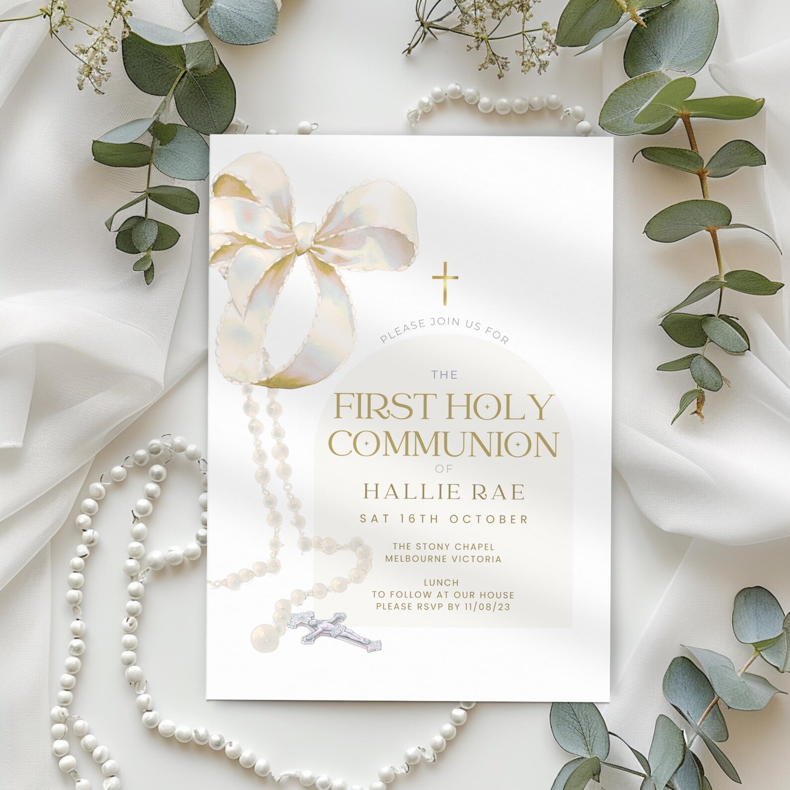 Gold Bow First Holy Communion Invitation, 1st Communion Invite for Girl ...