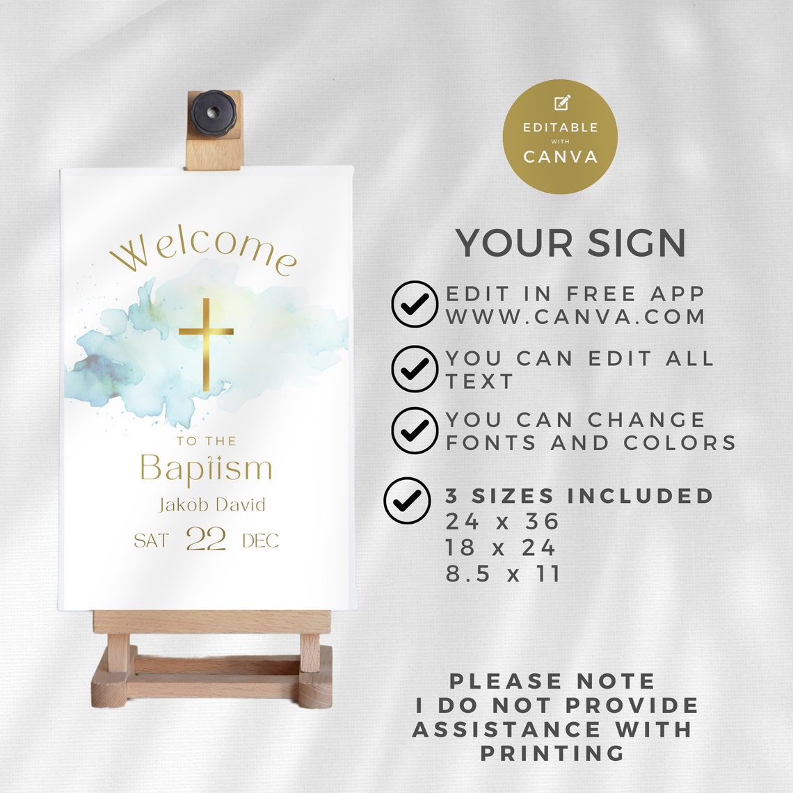 Dusky Blue Baptism Welcome Sign, Modern Watercolor Poster Template ...