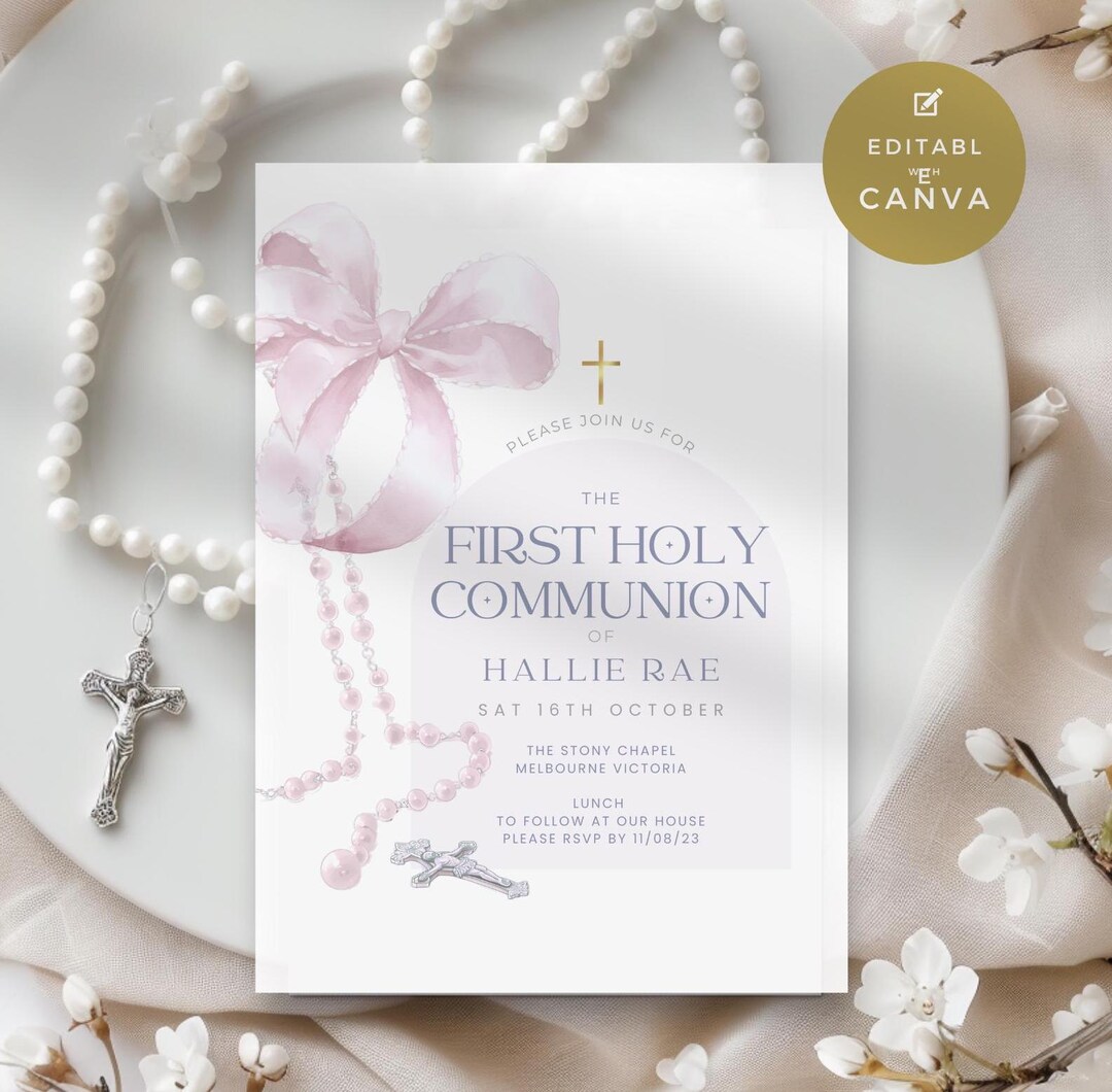 Pink Bow First Holy Communion Invitation, 1st Communion Invite for Girl ...