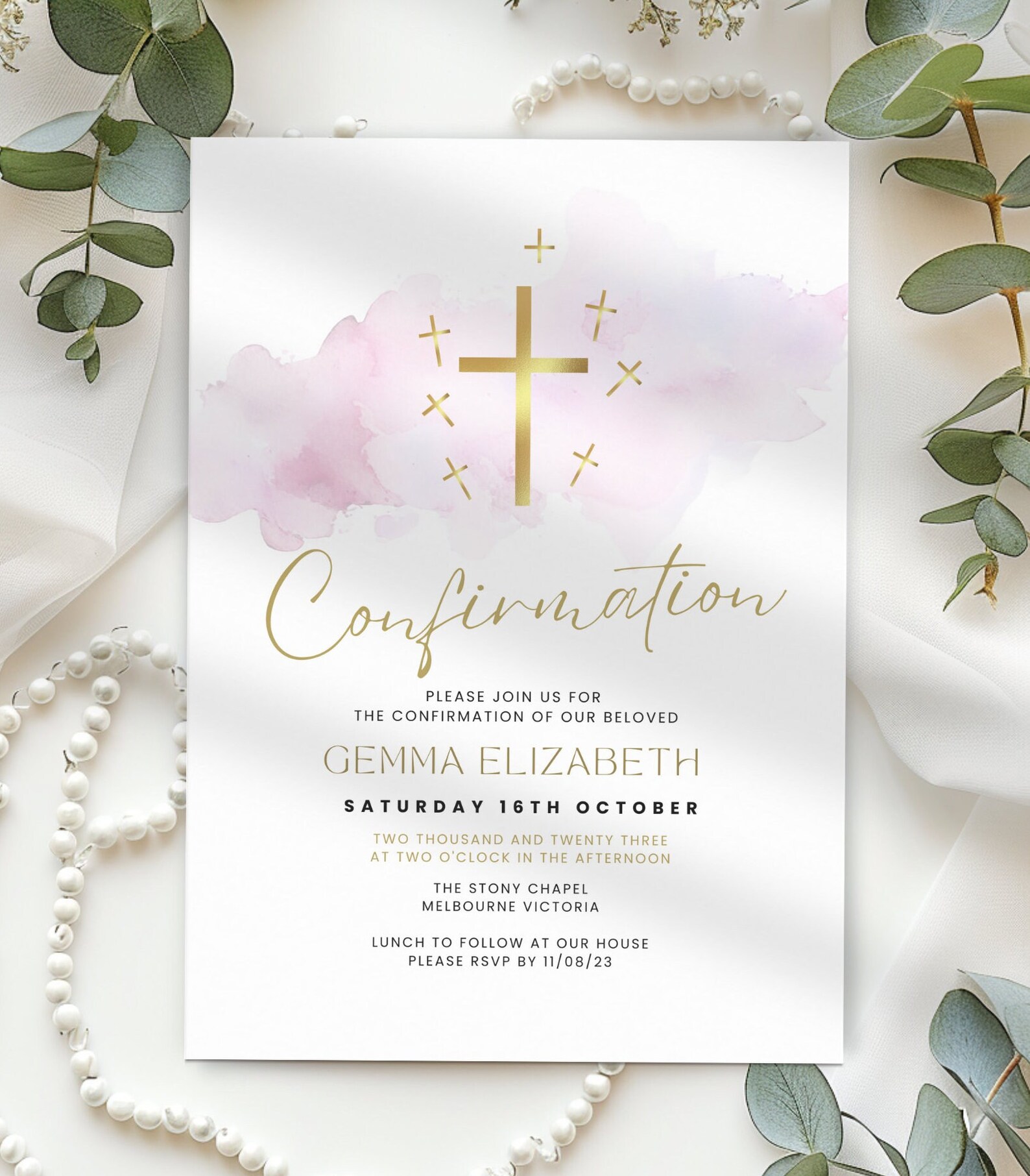 Catholic Confirmation Invitation Catholic, Pink Watercolor Invite for ...