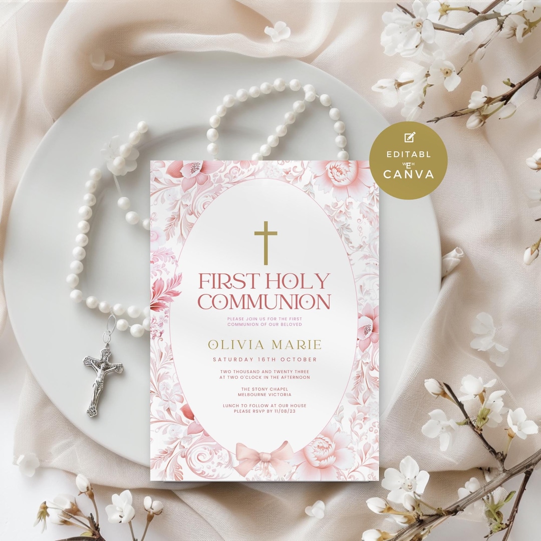 First Communion Invitation, Pink Floral Toile De Jouy, Editable 1st ...