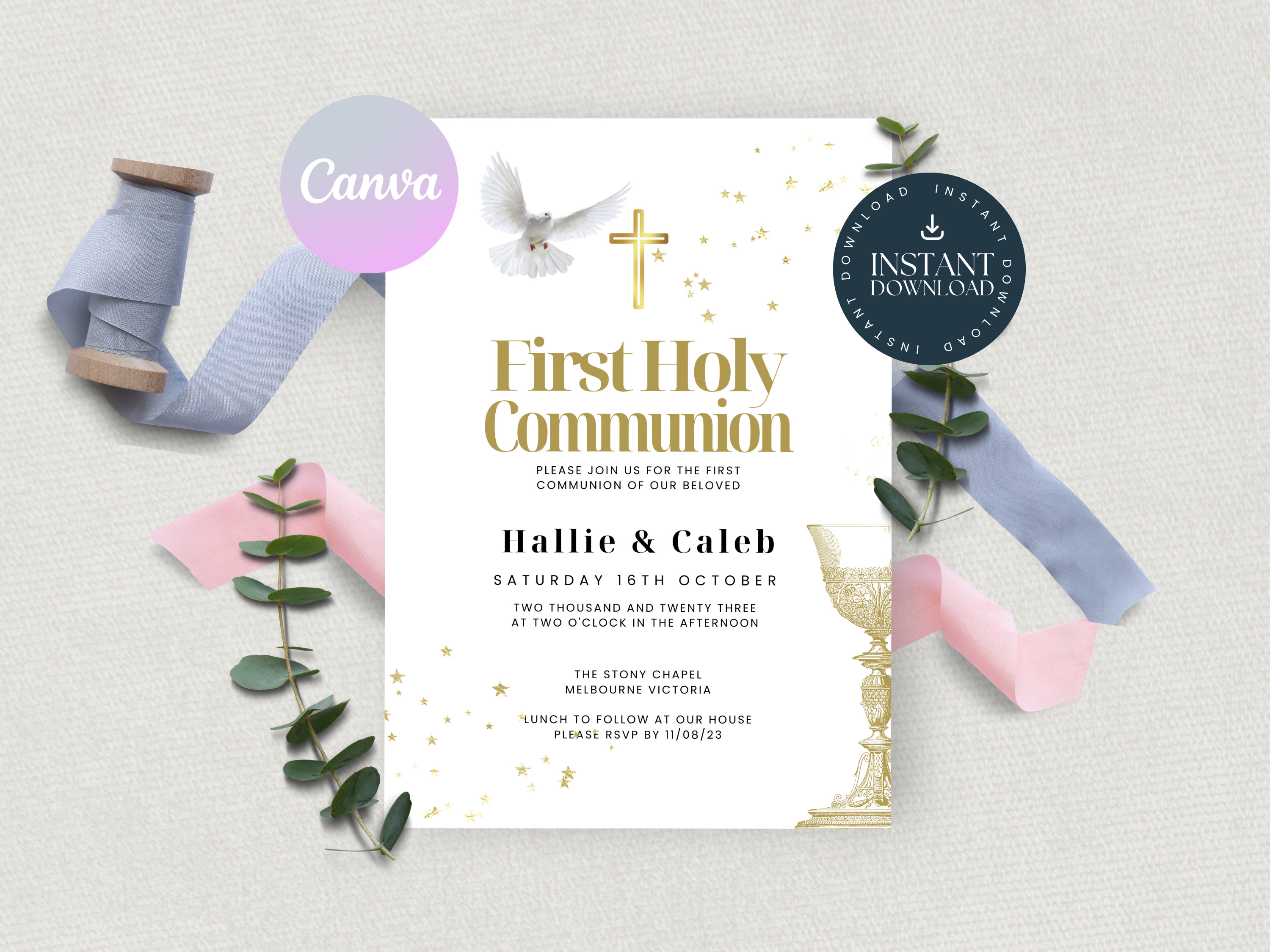 Editable Holy Communion Invitation Card Template for Girl or Boy, White ...