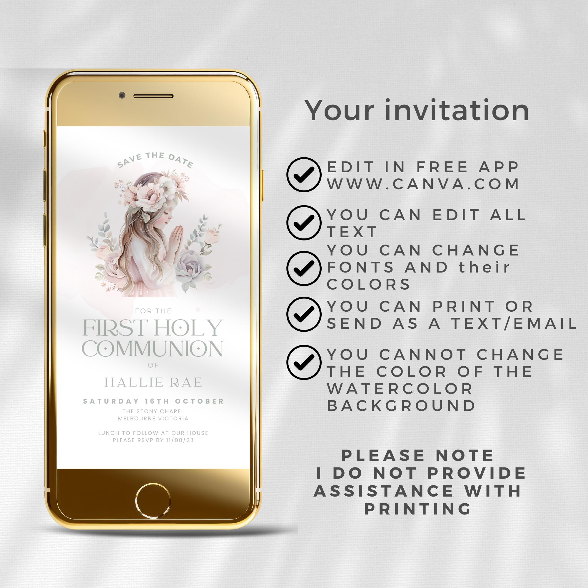 Girls First Holy Communion Save the Date Invitation, 1st Communion ...